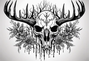 A scary decayed deer skull head human body with flames and trees tattoo ...