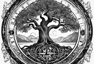 Circle of life tree the roots of the tree wrapped around a compass the ...