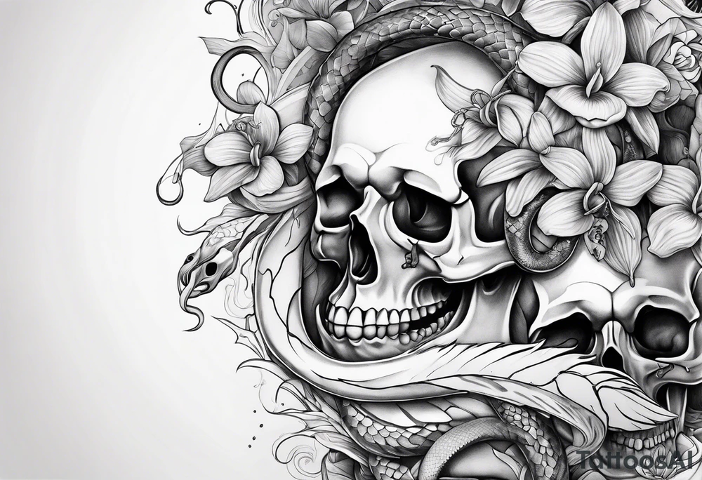Snake wrapped around dagger, orchids and skulls tattoo idea | TattoosAI