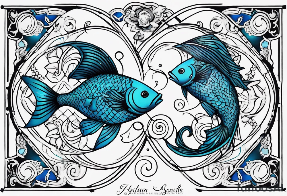 A 1/2 sleeve with 2 pisces fish one black one blue incorporate sigils ...