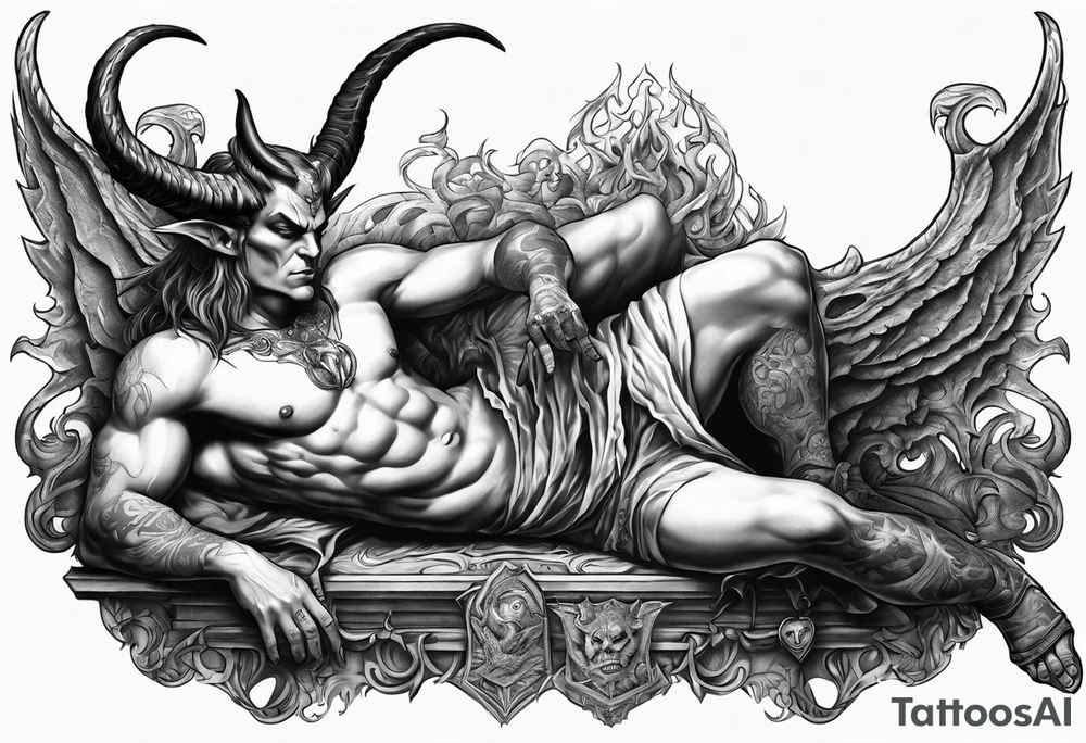 Satan full body laying down tattoo idea | TattoosAI
