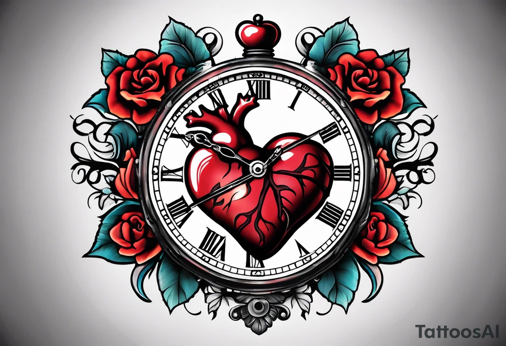 Anatomical heart with clock in middle. Clock hands on 8 and 5. Never ...