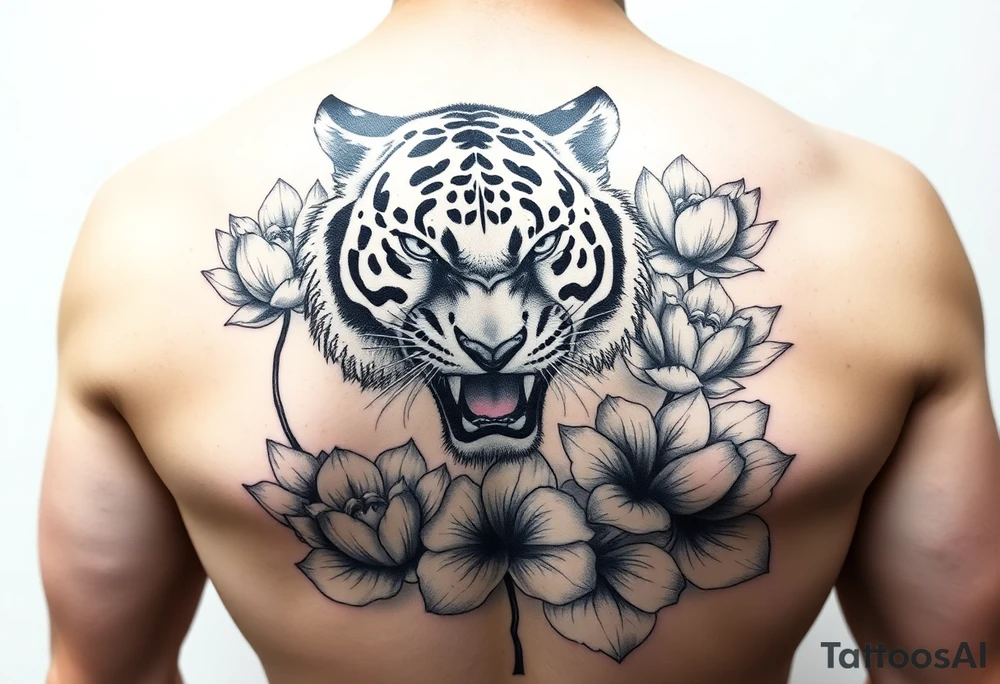 Fierce tiger emerging through blooming lotus flowers in mist tattoo ...