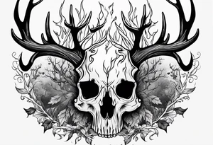 A scary decayed deer skull head human body with flames and trees tattoo ...