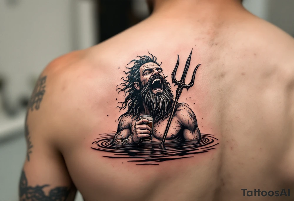 Laughing poseidon, with a trident, in calm water, holding a beer tattoo ...