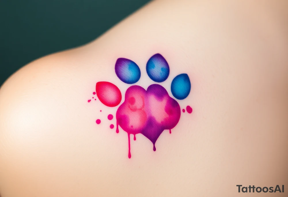 A watercolor Style paw print in the shape of a heart, blending vibrant ...