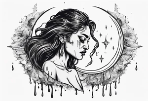 Crescent moon with crying woman. she's crying tears of blood. her face ...