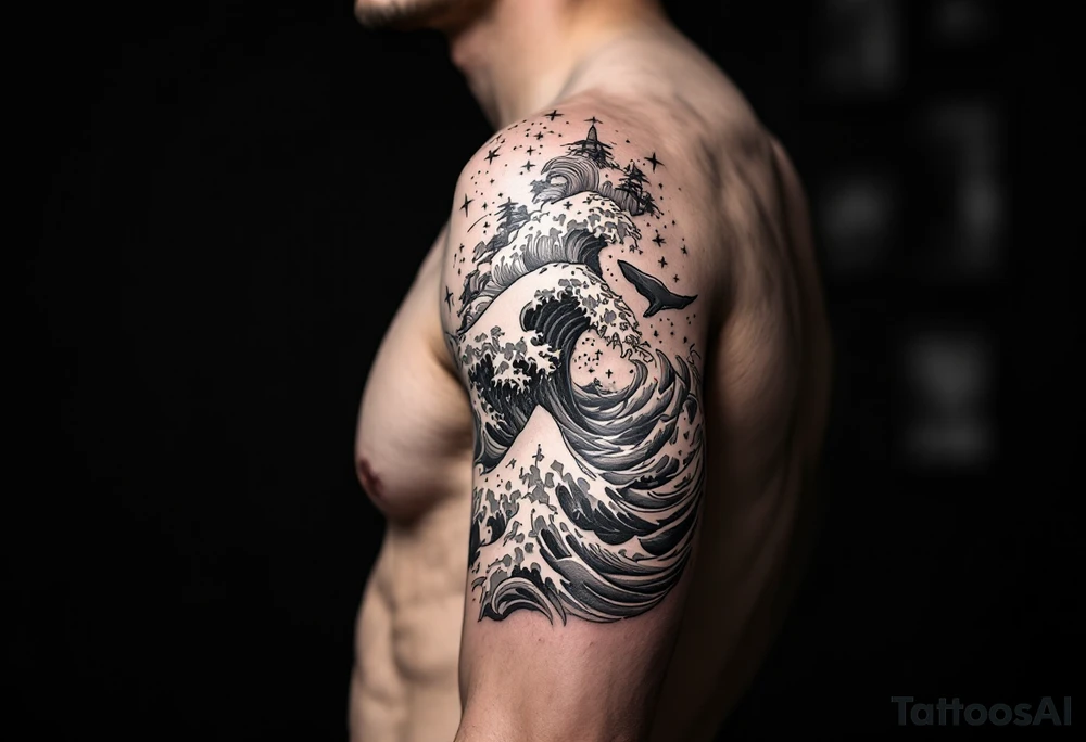 Fine line powerful ocean half sleeve with a wave, a whale and other ...