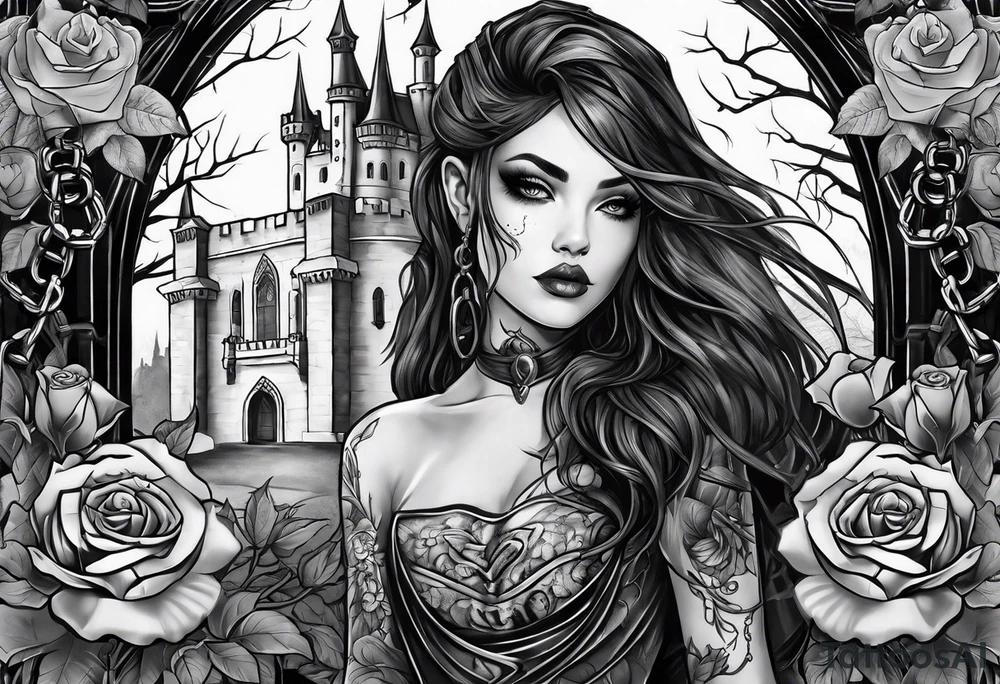 Tattoo fool sleeve, dark gothic castle, tree roots break out of the ...