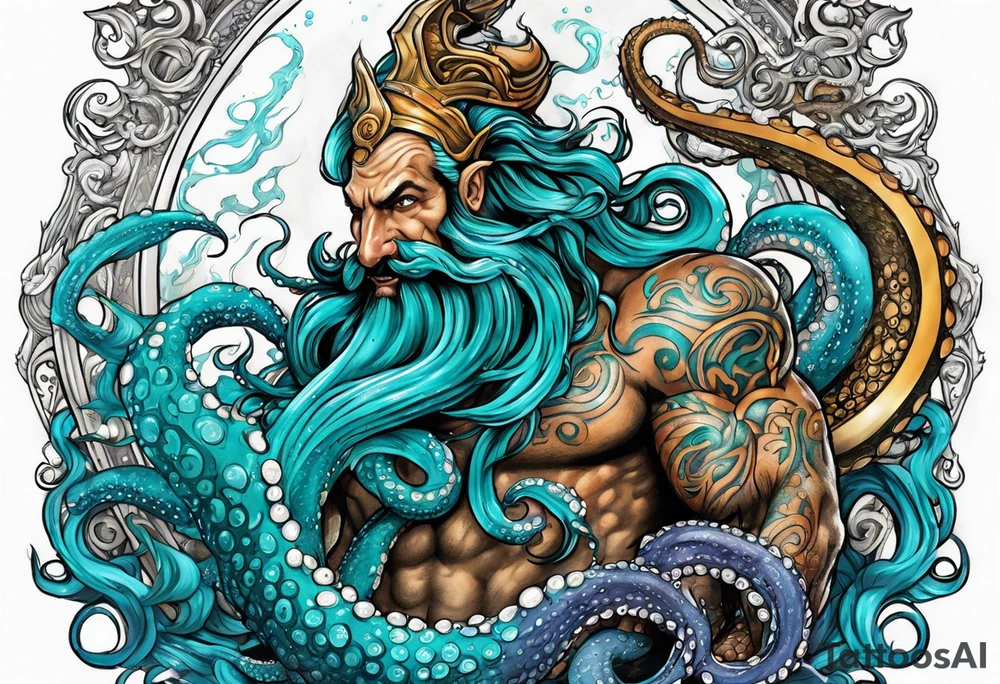 Octopus monster grabbing Poseidon with his trident tattoo idea | TattoosAI