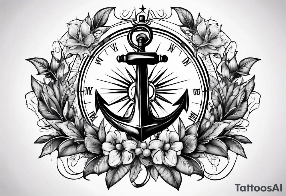 A selucid style anchor in front of a compass and a narrow laurel ...
