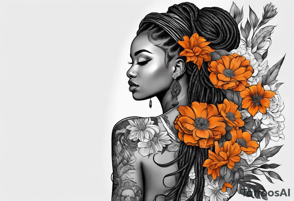 Arm ssleeve with orange flowers and black woman with locs tattoo idea ...
