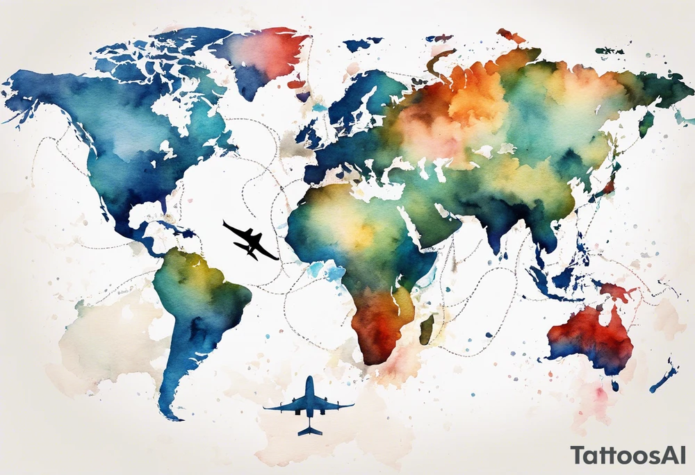 World map with tiny jet plane showing intercontinental flight path ...