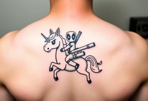 Deadpool riding cartoon unicorn pointing rocket propelled grenade ...