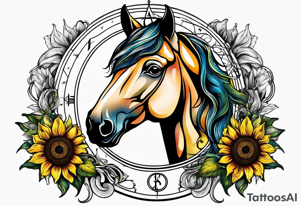 Horse, compass, sunflower tattoo idea | TattoosAI
