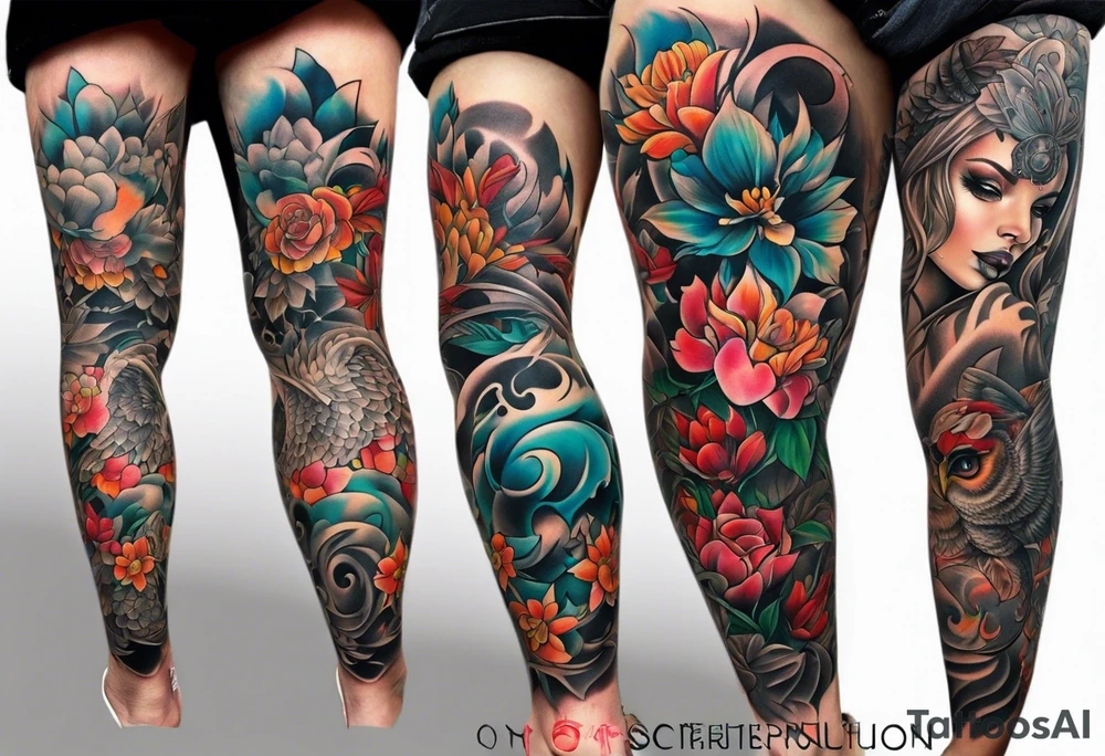 Full leg tattoo from hip to foot, straight drawing tattoo idea | TattoosAI