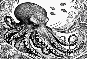 Tribal half sleeve octopus surrounded by ribbons of water waves filled ...