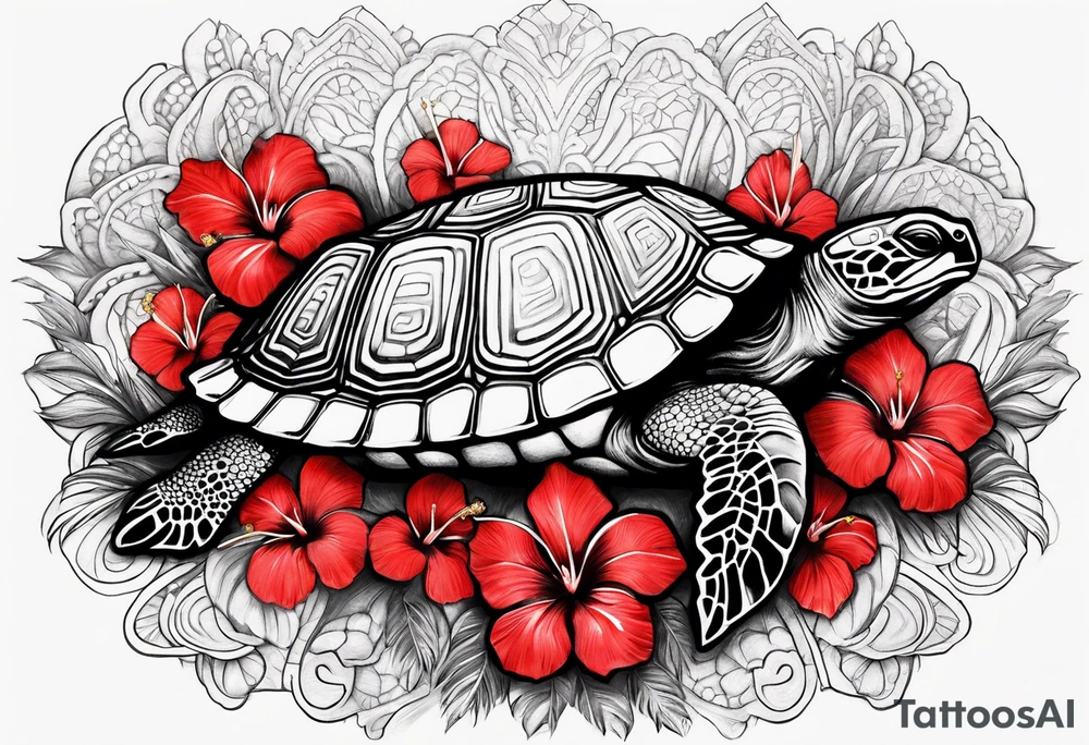 Black Polynesian turtle with red hibiscus flower in the middle of ...