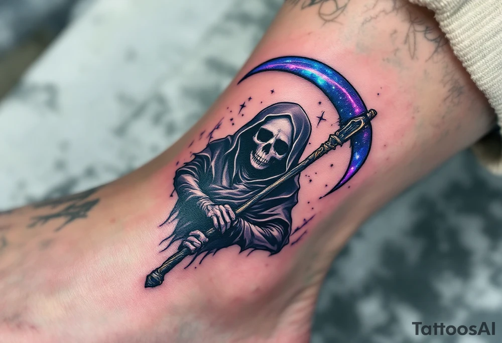 A cosmic Themed Grim Reaper holding a scythe with a galaxy blade in ...