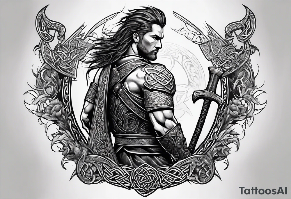 Full body side profile of Celtic warrior with short hair, a sword in ...
