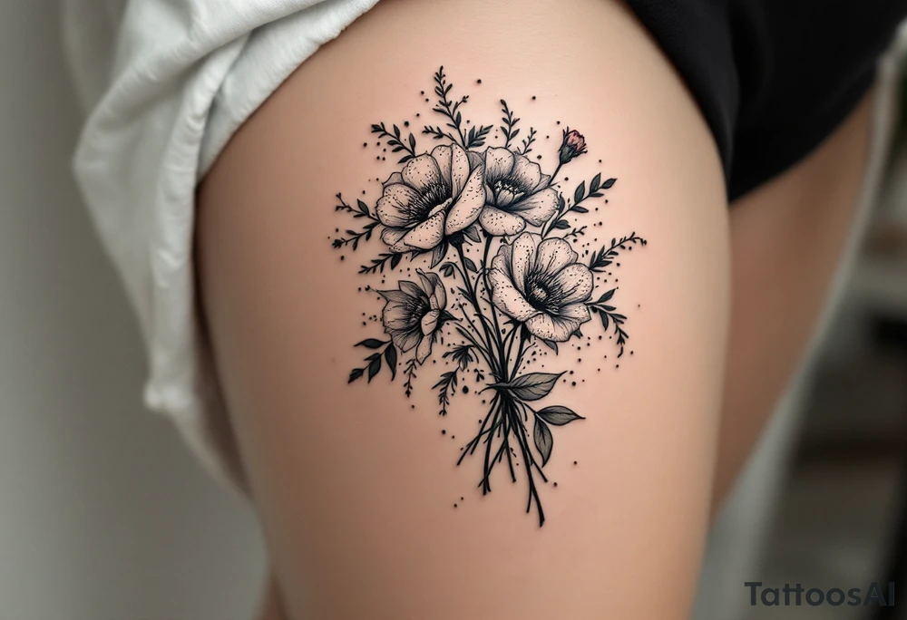 Vintage bouquet of wild roses and meadow flowers with morning dew tattoo idea | TattoosAI