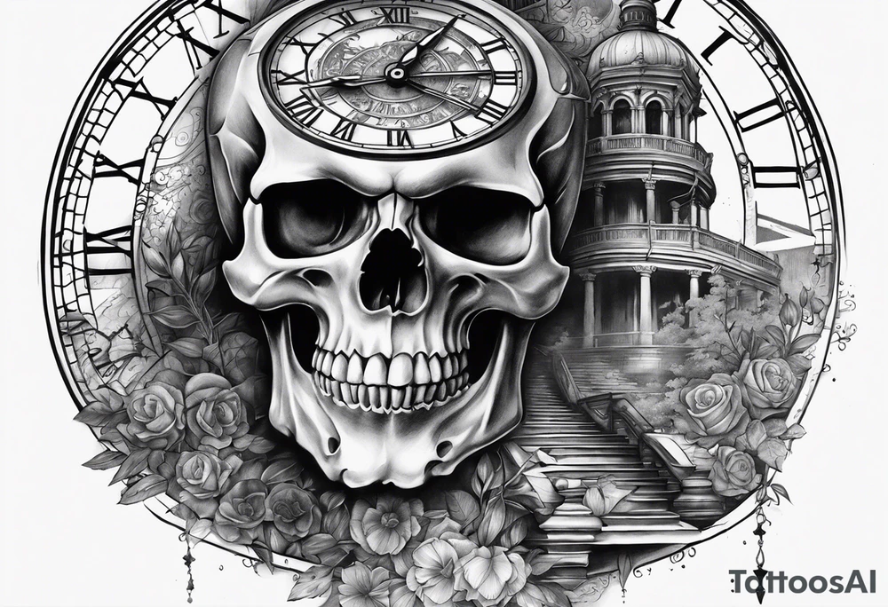 Skull, clock, stairs tattoo idea | TattoosAI