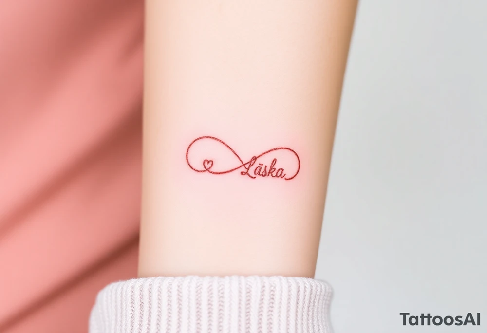 A delicate thin Line infinity sign in soft rose gold, with "Láska" in ...