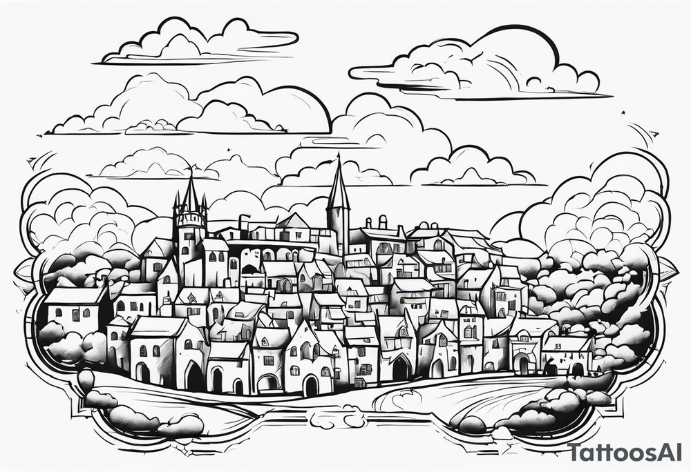 Cloud medieval town tattoo idea | TattoosAI