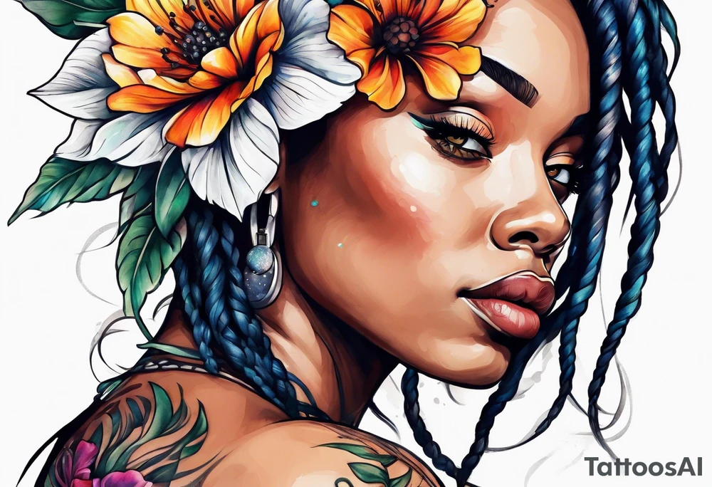 Woman with locs and flowers tattoo idea | TattoosAI
