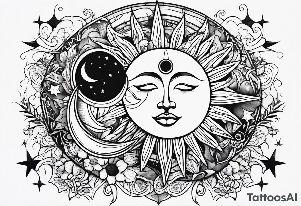 Sun, moon and weird symbols tattoo idea | TattoosAI