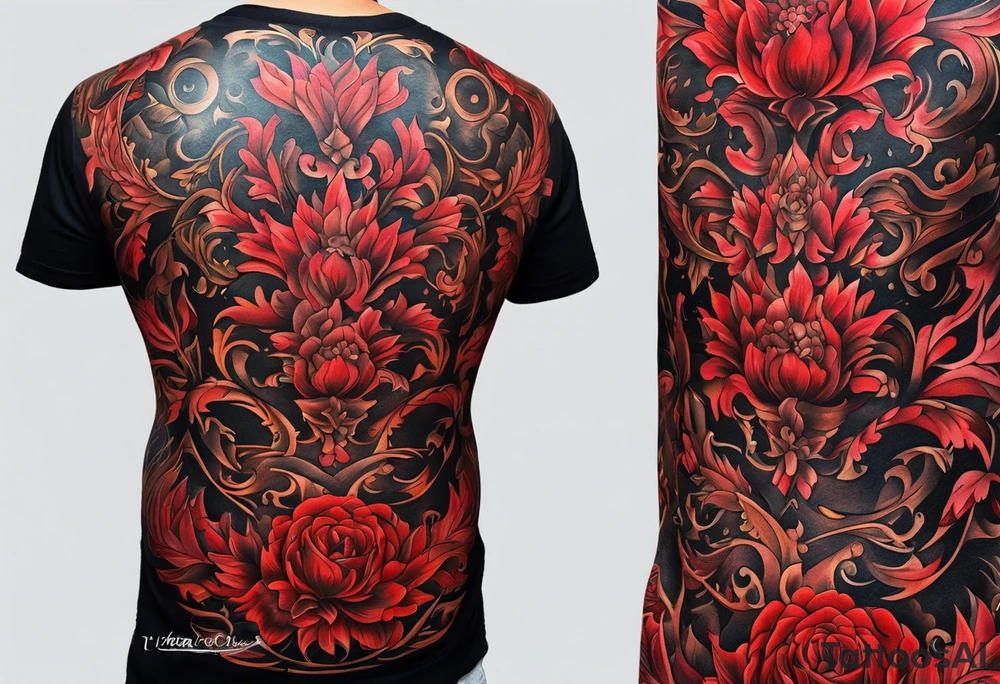 Red full body tattoo on the back from top to bottom tattoo idea | TattoosAI