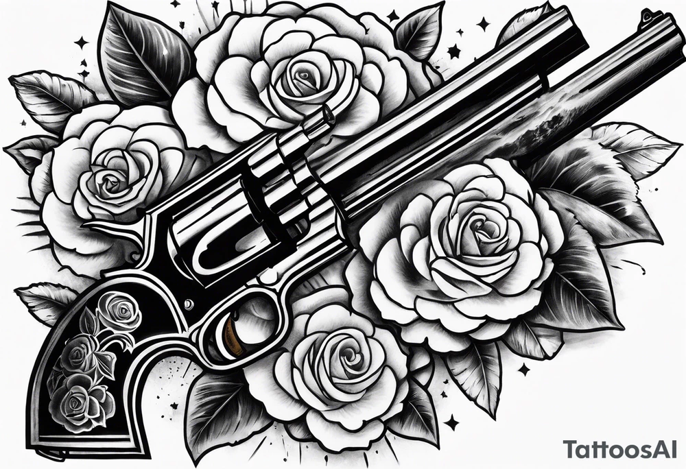 Sleeve tattoo showing a intricately decorative revolver shooting out a ...