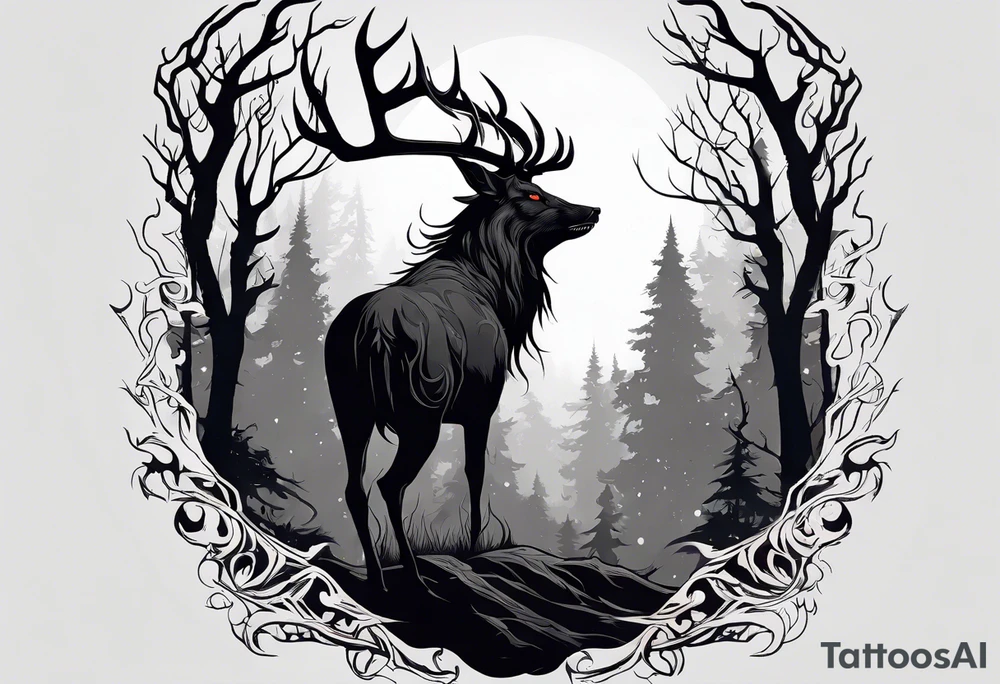 A spooky dead lore accurate wendigo side profile surrounded by a forest ...