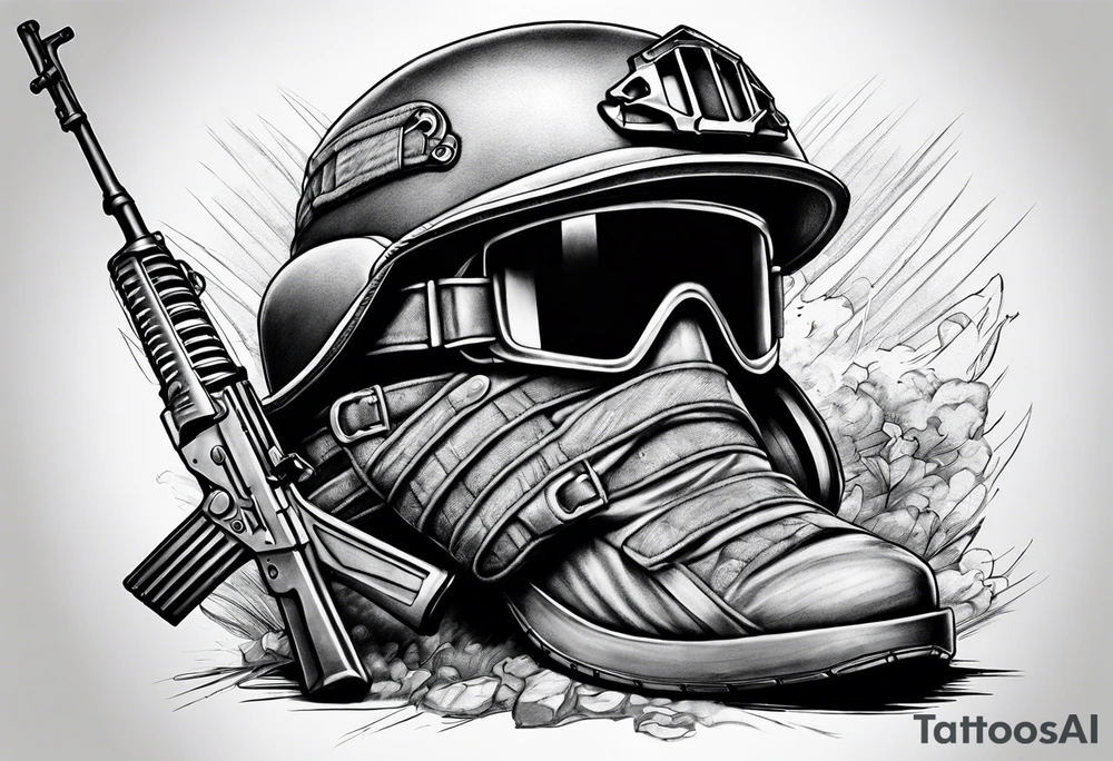 Battlefield cross with helmet, m 16 and boots tattoo idea | TattoosAI