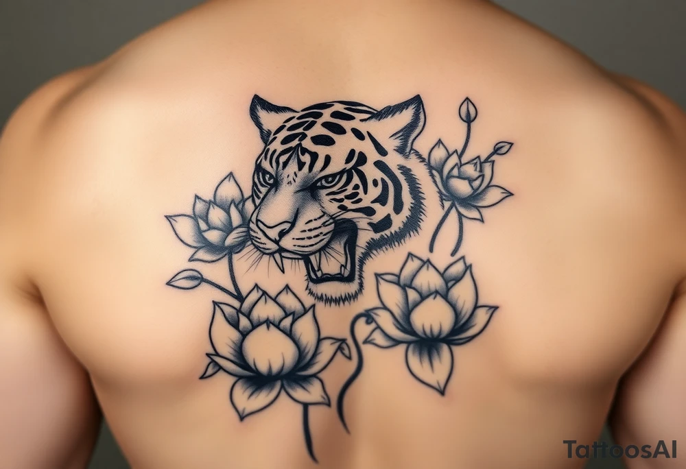 Fierce tiger emerging through blooming lotus flowers in mist tattoo ...