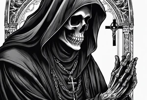 The grim reaper standing from a side profile praying with a rosary ...