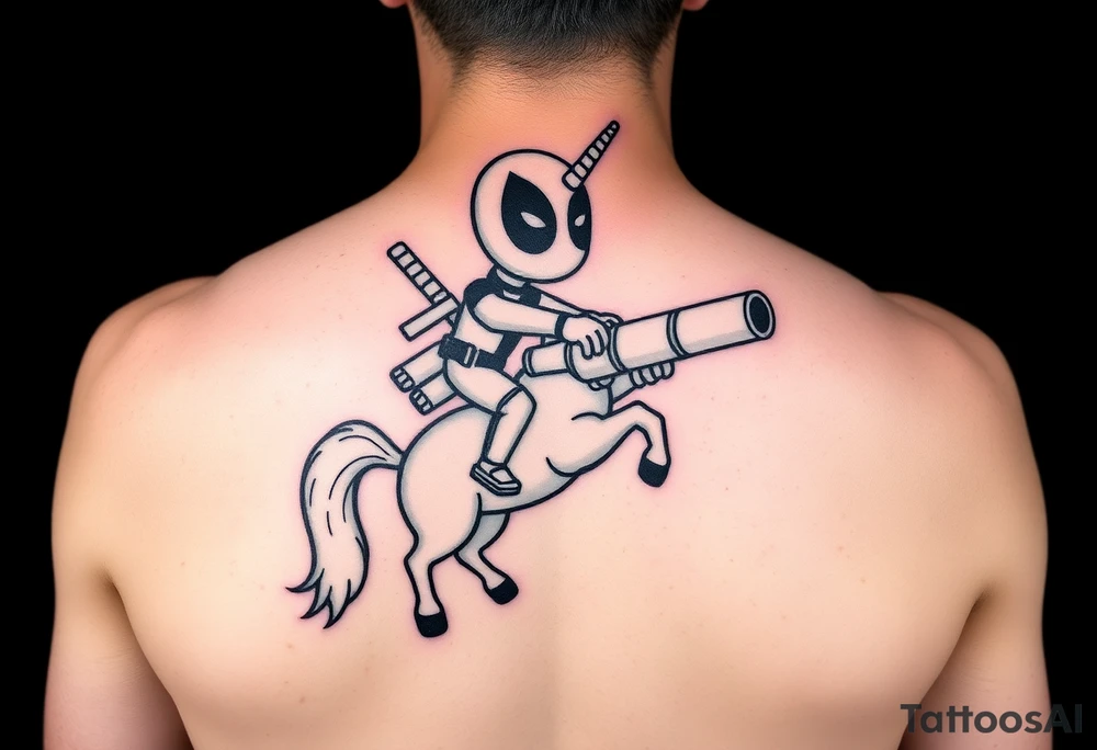 Deadpool riding cartoon unicorn pointing rocket propelled grenade ...