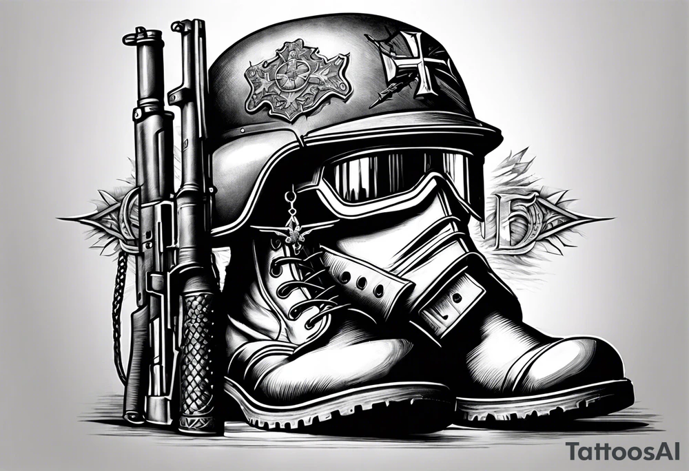 Traditional battlefield cross with helmet, m 16 and boots tattoo idea ...