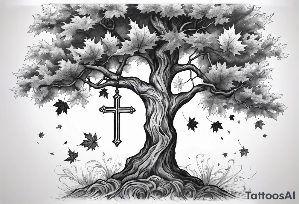 A cross and a maple tree tattoo idea | TattoosAI