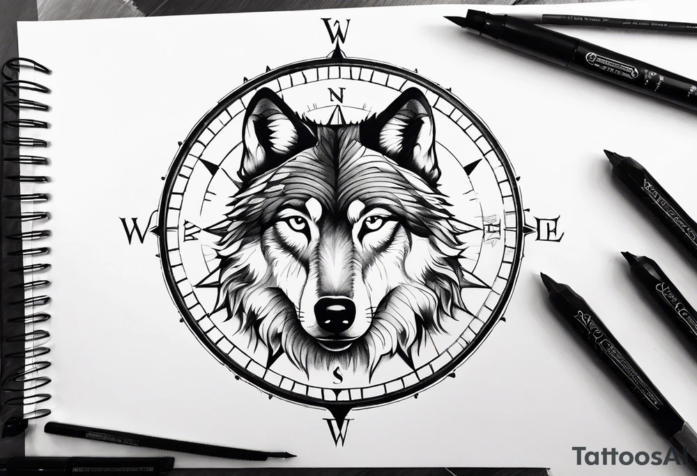 Wolf Eyes in the middle of a compass tattoo idea | TattoosAI
