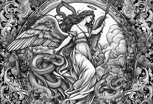 Full back piece depicting the biblically accurate angels above killing ...