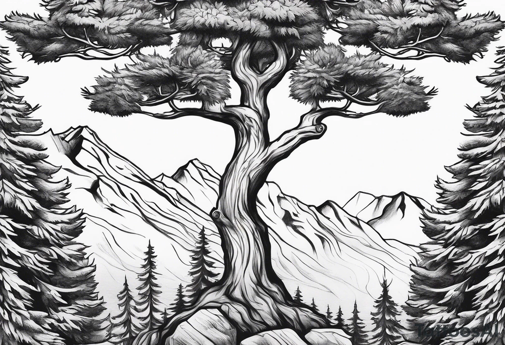 Yew trees with ullr in background tattoo idea | TattoosAI