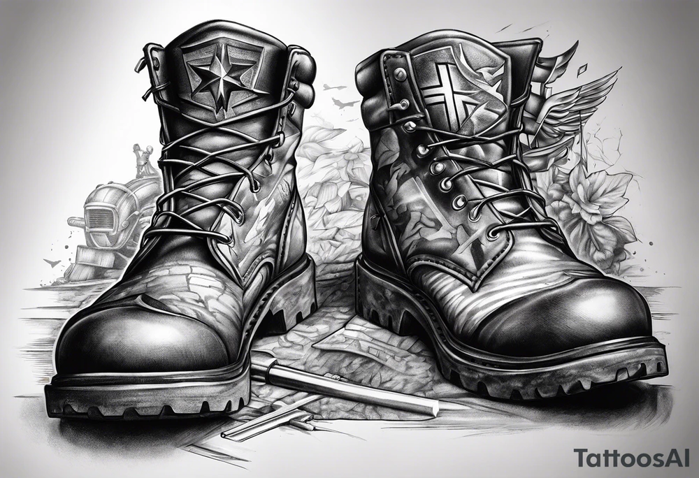 Battlefield cross with helmet, m 16 and boots tattoo idea | TattoosAI