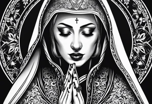 Nun with nails in her eyes praying to god tattoo idea | TattoosAI
