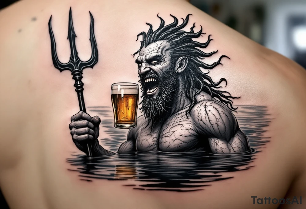 Laughing poseidon, with a trident, in calm water, holding a beer tattoo ...
