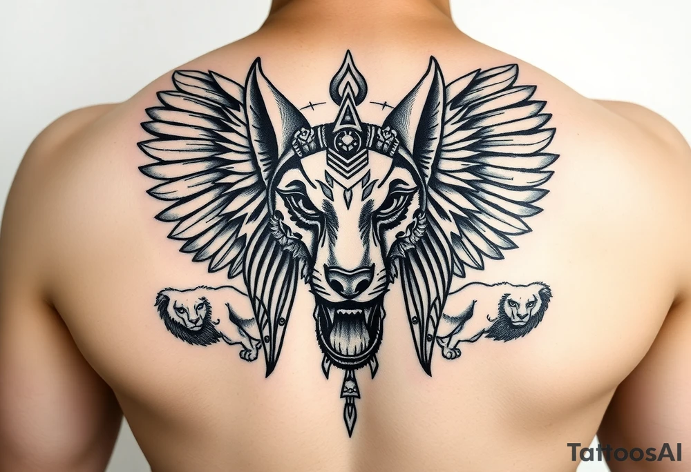 Egyptian Anubis god face muscle in Egypt style dog face surrounded ...