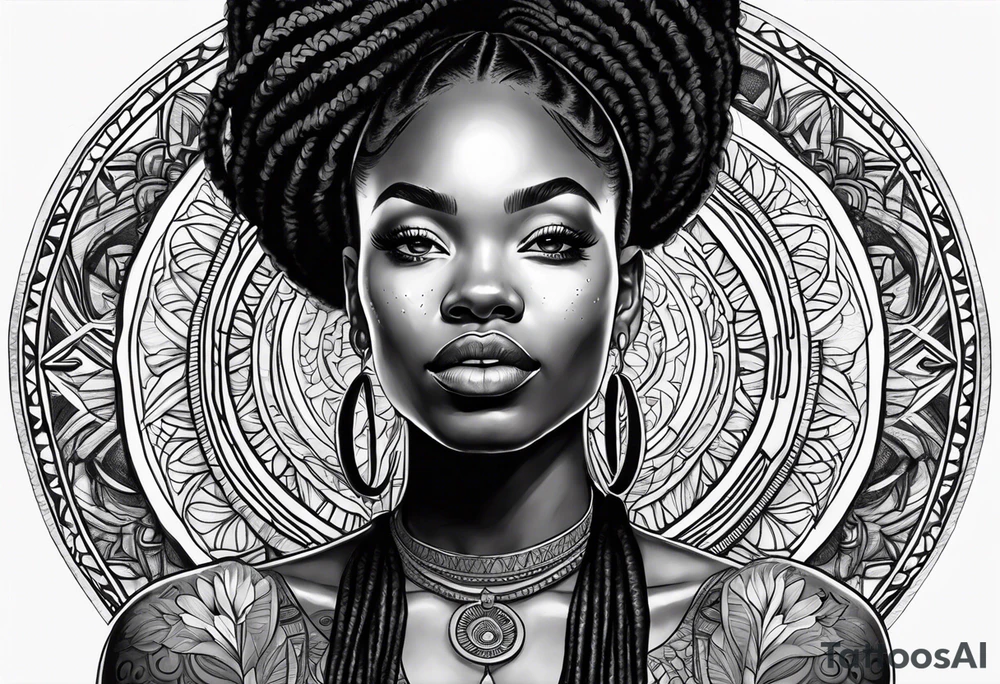 Black Woman with locs and mandala tattoo idea | TattoosAI