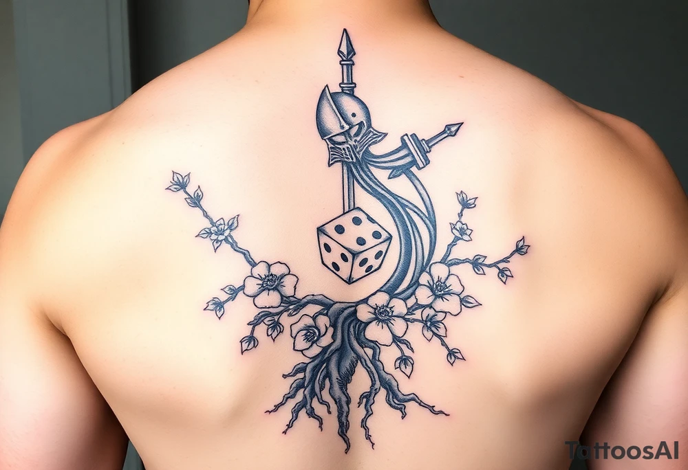 Knight and squid intertwined with climbing roses and tree roots with cherry blossoms rolling ...