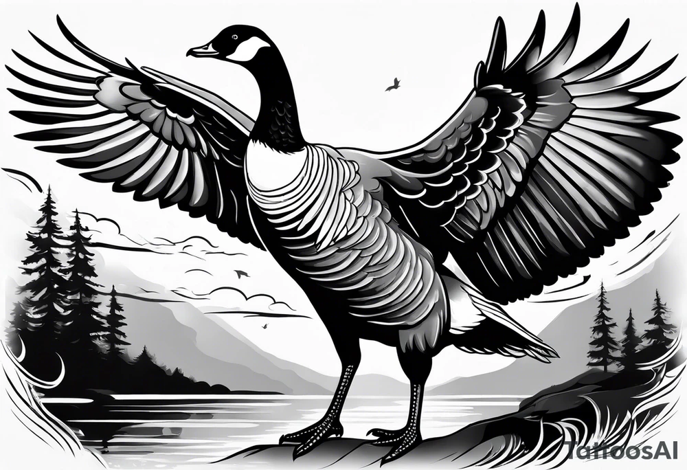 Canadian goose stretching her wings facing upwards tattoo idea | TattoosAI