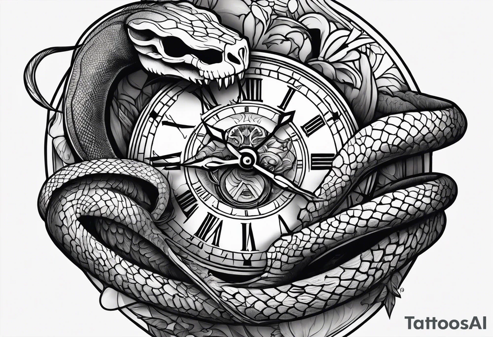 Hand tattoo snake biting clock with skeleton hand bone on wrist tattoo ...